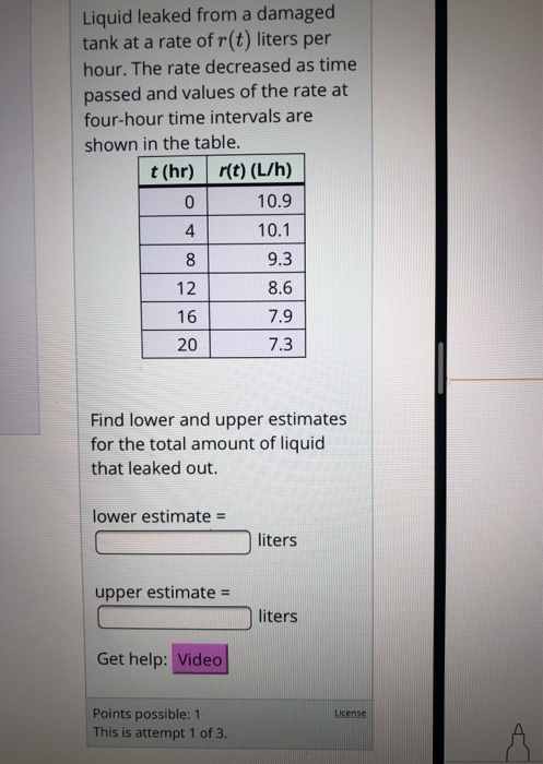 Solved Liquid leaked from a damaged tank at a rate of r(t) | Chegg.com