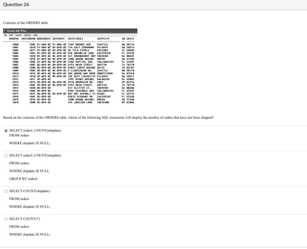 Question 26 Contents Of The Orders Table Based On The