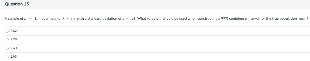 Solved Question 15 A sample of n = 15 has a mean of x = 9.3 | Chegg.com