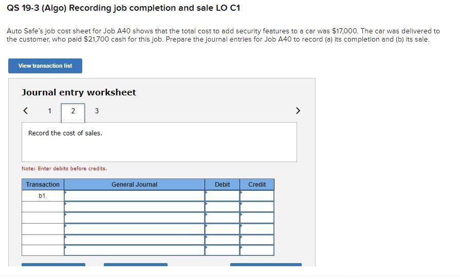 Solved QS 19-3 (Algo) Recording job completion and sale LO | Chegg.com
