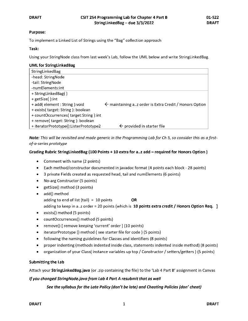 Solved 01-522 DRAFT DRAFT CSIT 254 Programming Lab for | Chegg.com