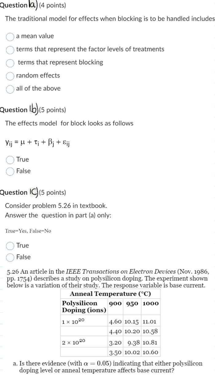 Solved The traditional model for effects when blocking is to | Chegg.com