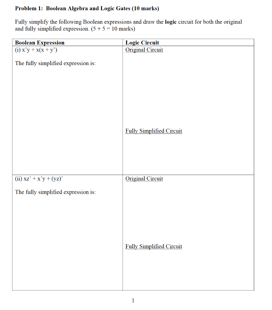 Solved: Problem 1: Boolean Algebra And Logic Gates (10 Mar... | Chegg.com
