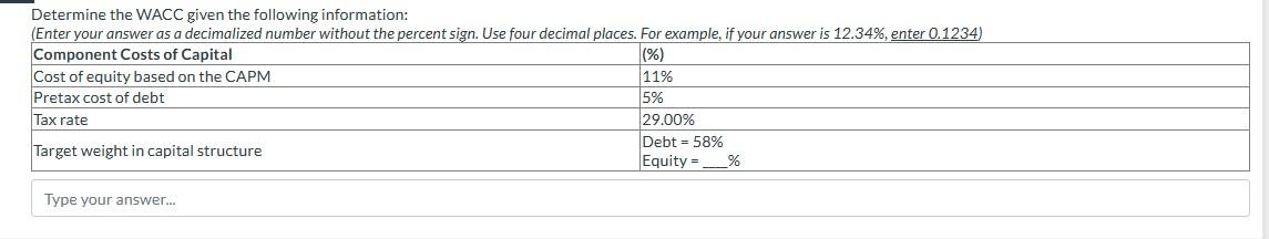 Solved Determine the WACC given the following information: | Chegg.com