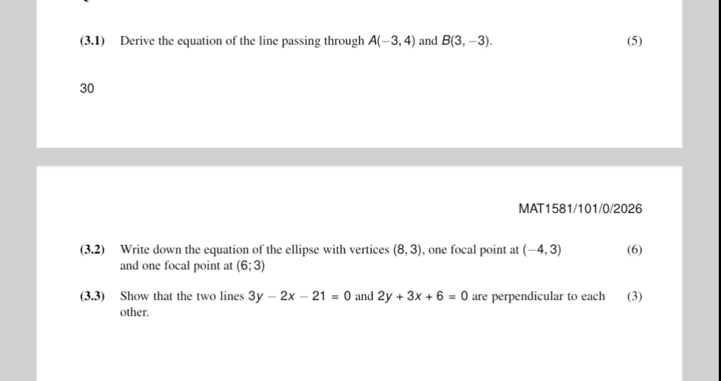 Solved (3.1) ﻿Derive the equation of ﻿the line passing | Chegg.com