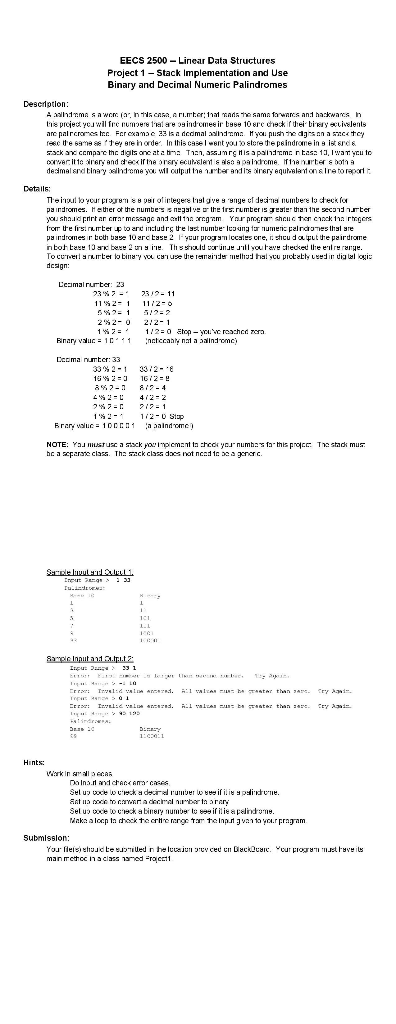 EECS 2500 - Linear Data Structures Project 1 - Stack | Chegg.com