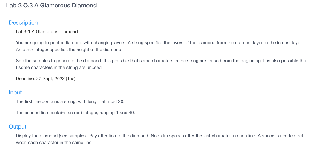 Solved Description Lab3-1 A Glamorous Diamond You are going | Chegg.com
