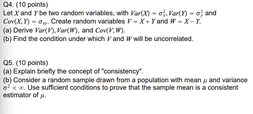Solved Q4. (10 points) Let X and Y be two random variables, | Chegg.com