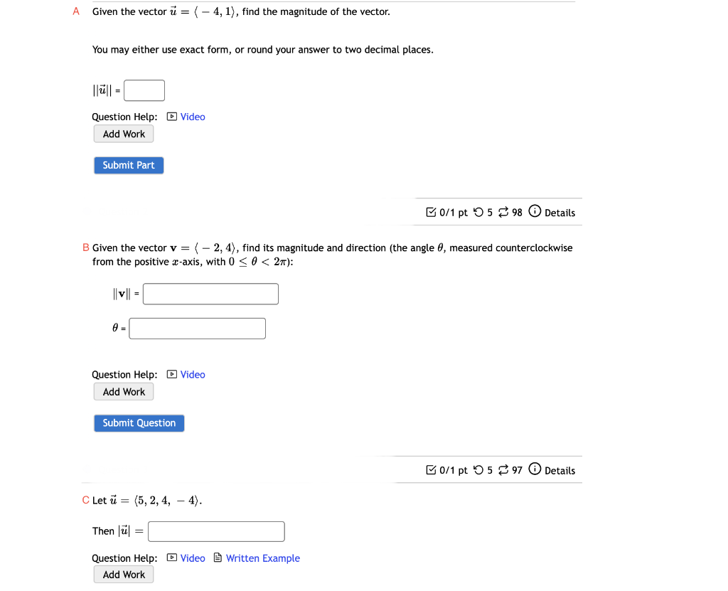Solved A Given the vector u = (-4,1), find the magnitude of | Chegg.com