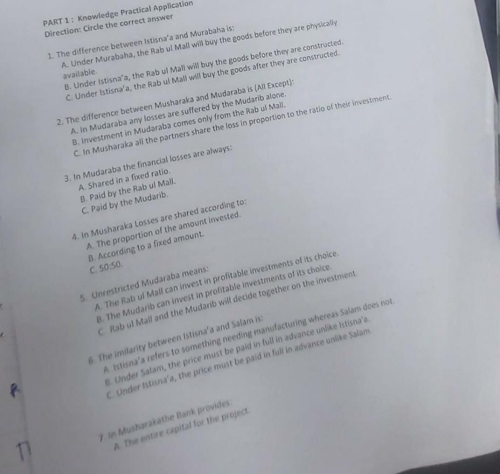 Solved PART 1: Knowledge Practical Application Direction: | Chegg.com