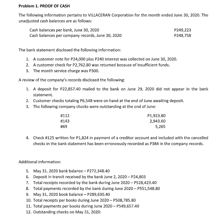 Solved Problem 1. PROOF OF CASH The following information | Chegg.com