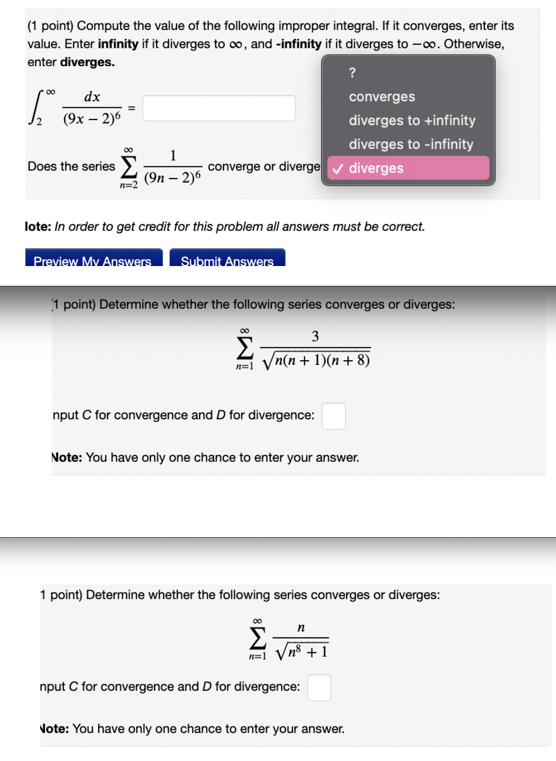 Solved (1 point) Compute the value of the following improper | Chegg.com