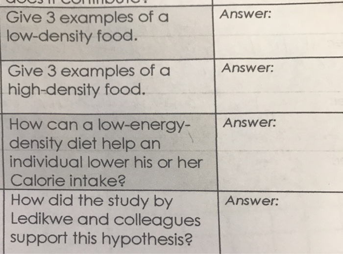 Solved Answer Give 3 examples of a low-density food Answer | Chegg.com