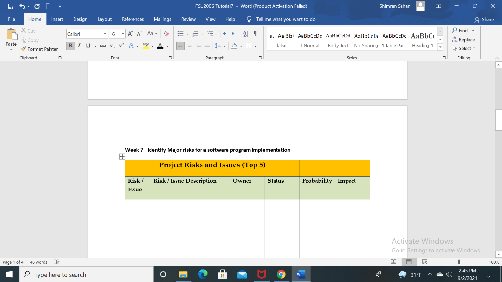 Solved A500 Shimran Sahani х ITSU2006 Tutorial7 - Word | Chegg.com