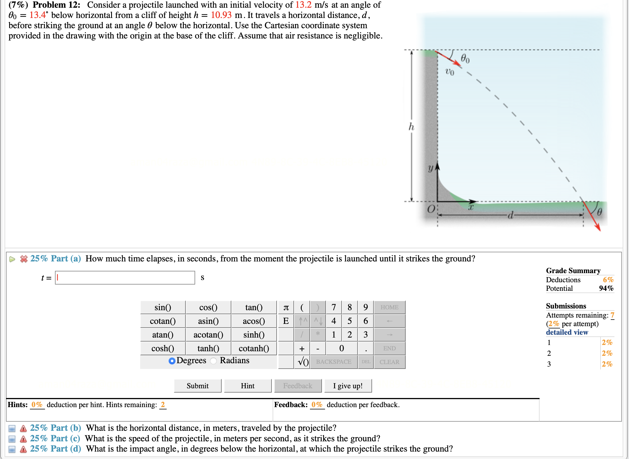 Solved (7%) ﻿Problem 12: Consider a projectile launched with | Chegg.com
