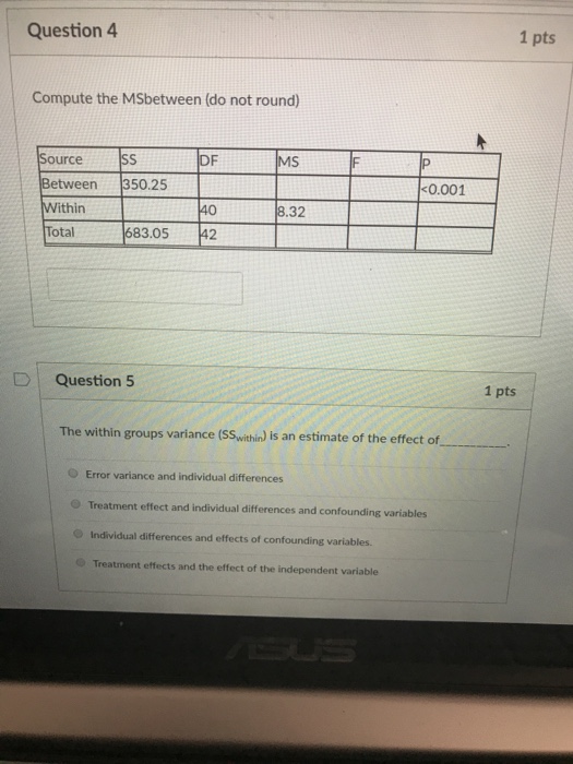 Solved Question 4 1 pts Compute the MSbetween (do not round) | Chegg.com