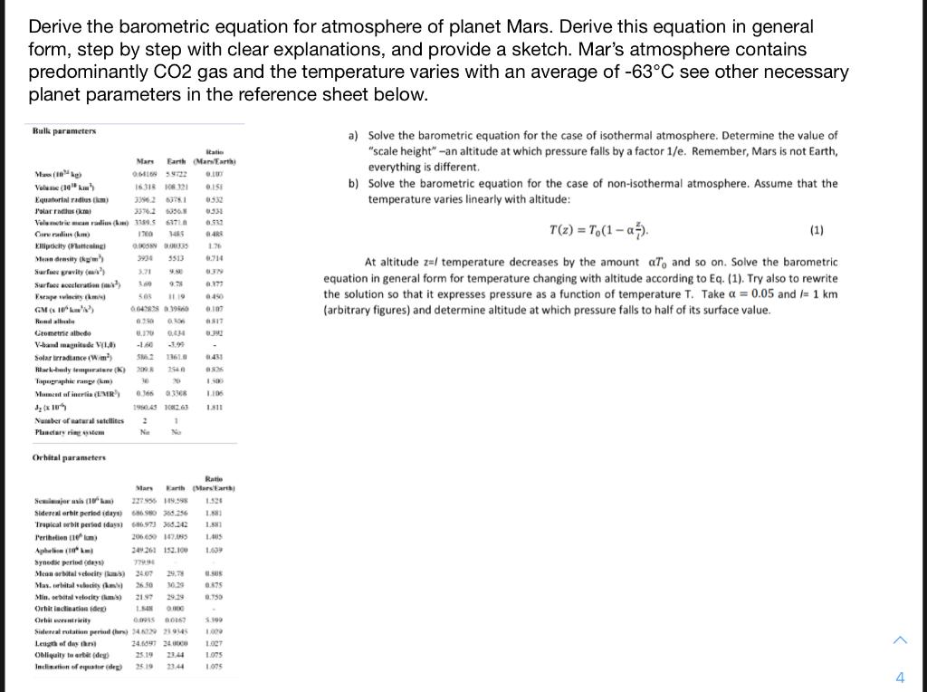 Derive the barometric equation for atmosphere of | Chegg.com