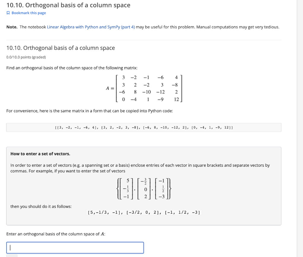 Solved 10.10. Orthogonal basis of a column space W Bookmark | Chegg.com