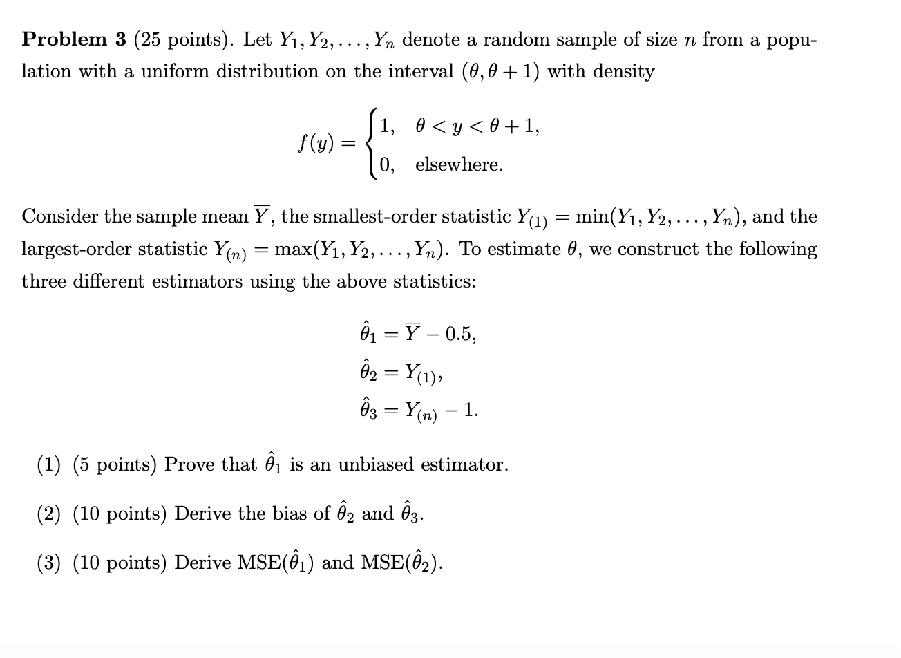 Solved Problem 3 (25 points). Let Y1,Y2,…,Yn denote a random | Chegg.com