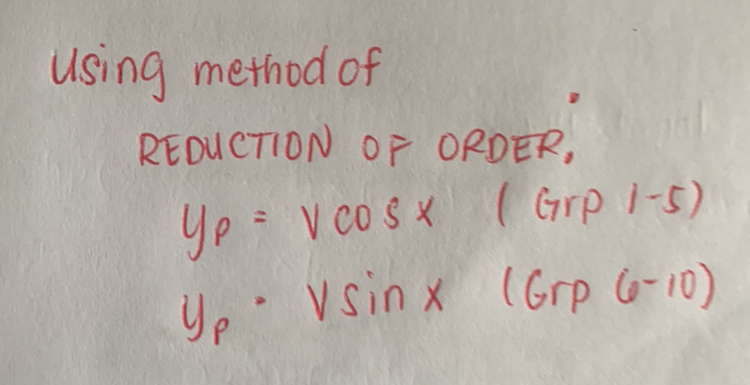 Using method of REDUCTION OF ORDER, Yp - V COS X | Chegg.com