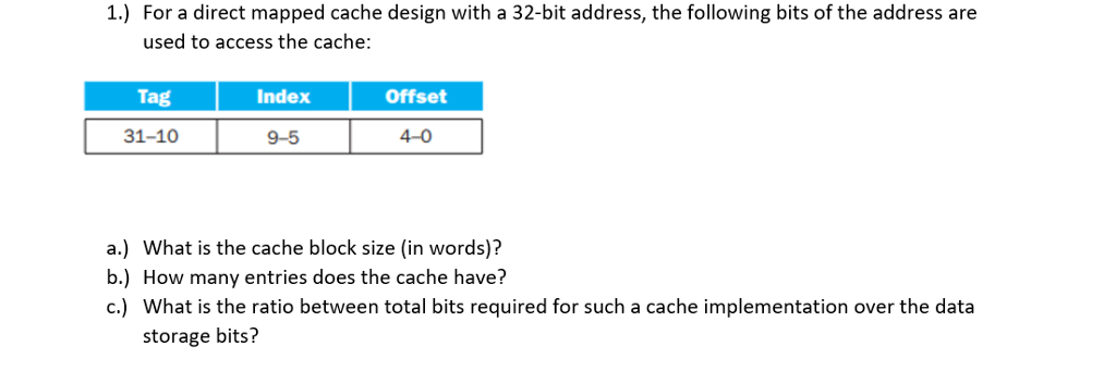 Solved 1.) For a direct mapped cache design with a 32-bit | Chegg.com