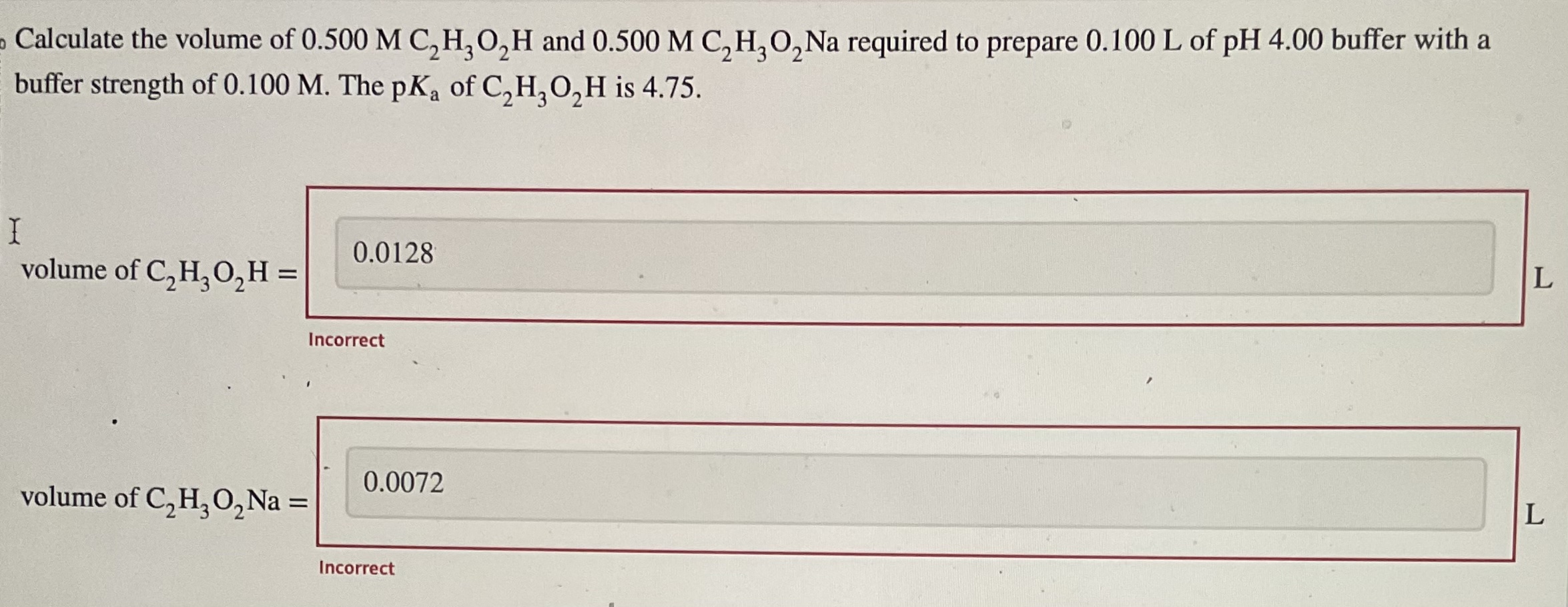 Solved Calculate the volume of 0.500MC2H3O2H and | Chegg.com