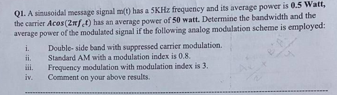 Solved Q1. A sinusoidal message signal m(t) has a 5KHz | Chegg.com