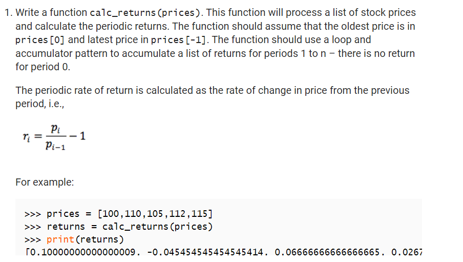 Solved 1. Write a function calc_returns (prices). This | Chegg.com