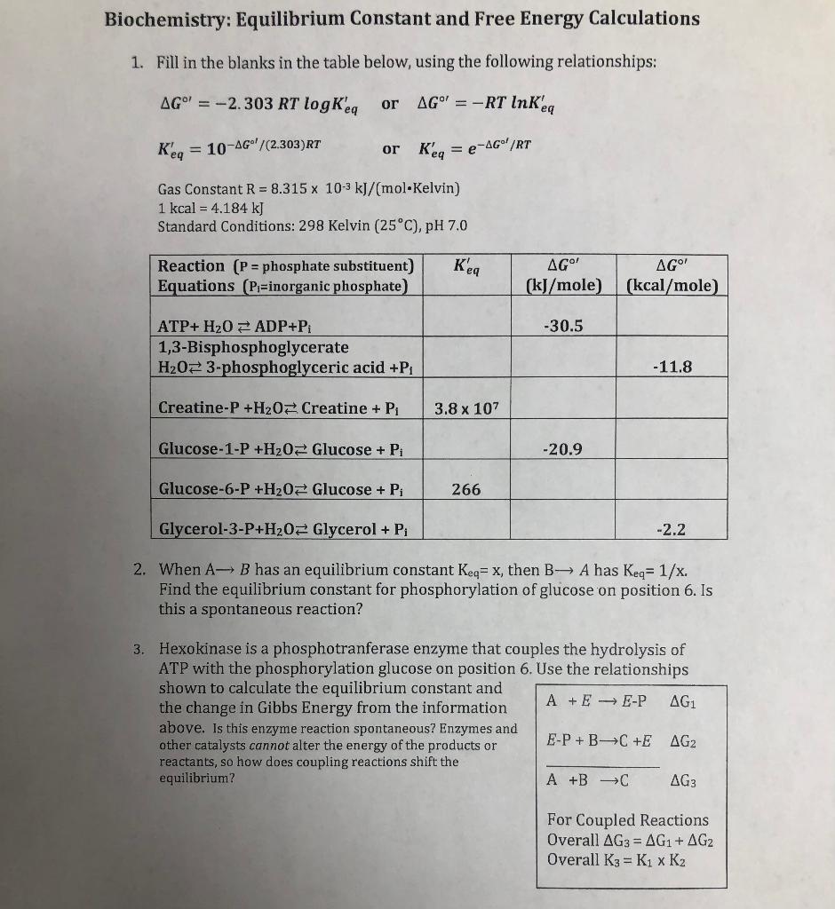 Solved Biochemistry: Equilibrium Constant and Free Energy | Chegg.com