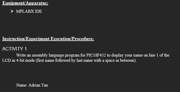 Solved Equipment/Apparatus: > MPLABX IDE | Chegg.com