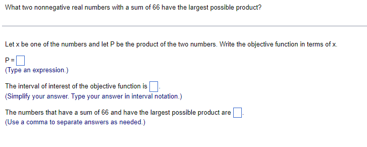 Solved What two nonnegative real numbers with a sum of 66 | Chegg.com