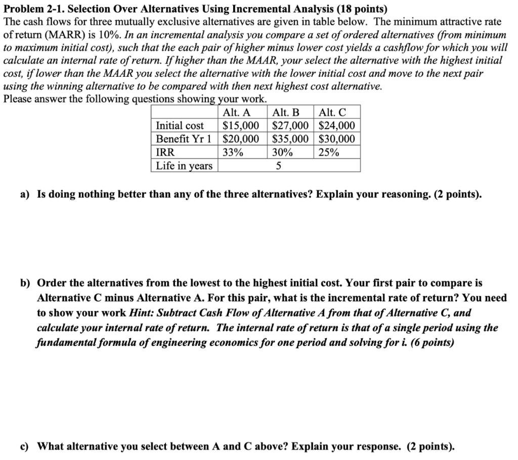 Solved Problem 2-1. Selection Over Alternatives Using | Chegg.com