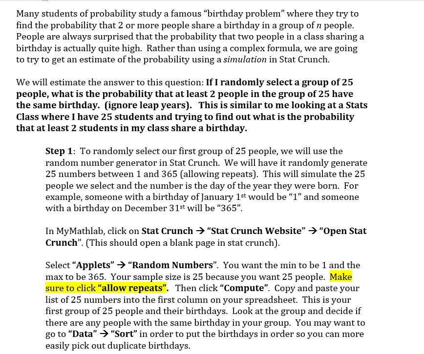 ny students of probability study a famous "birthday | Chegg.com
