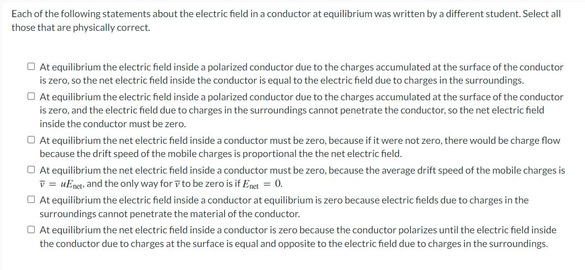 Solved Each of the following statements about the electric | Chegg.com