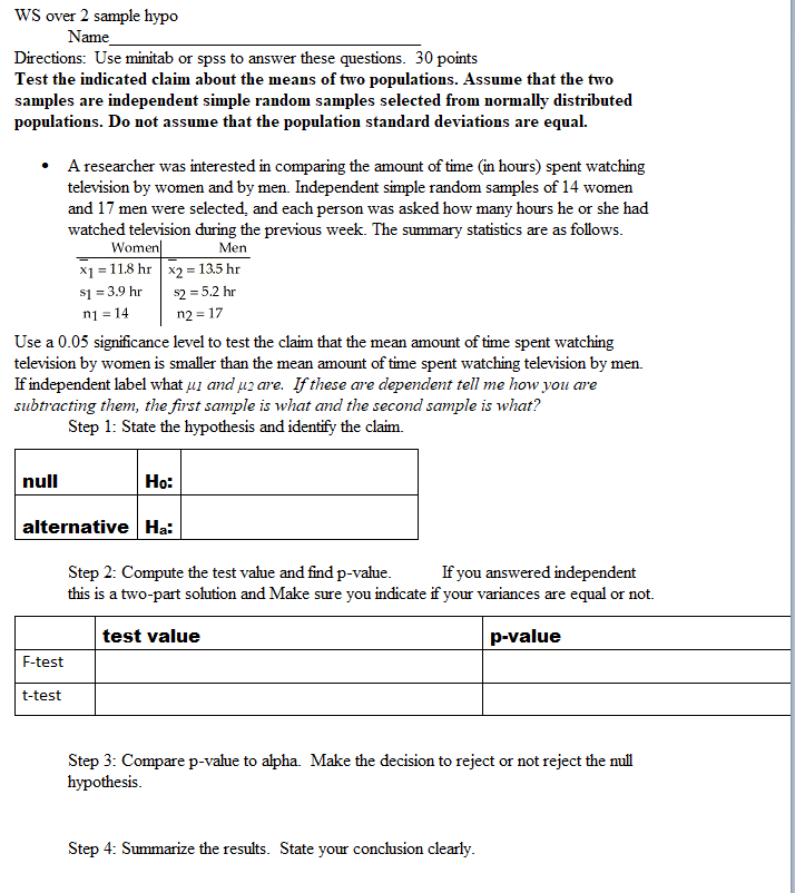 Solved WS over 2 sample hypo Name Directions: Use minitab or | Chegg.com