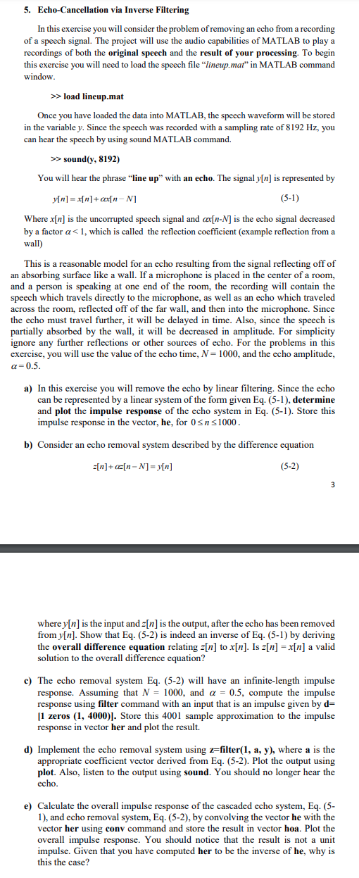 Solved 5. Echo-Cancellation via Inverse Filtering In this | Chegg.com