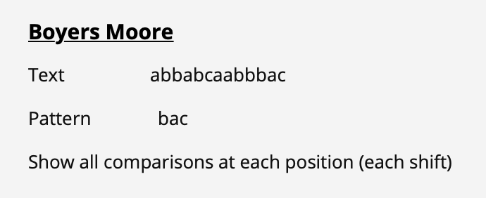 Solved Boyers Moore Text abbabcaabbbac Pattern bac Show all | Chegg.com