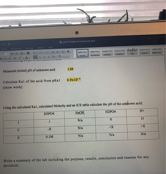 Solved Help on “using the calculated Ka1 of the acid from | Chegg.com