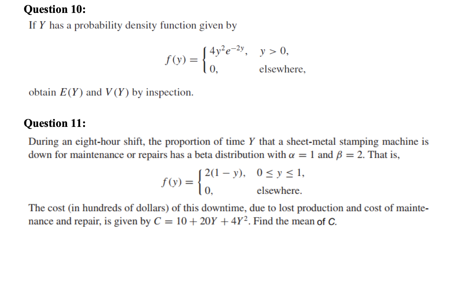 Solved Question 10: If Y has a probability density function | Chegg.com