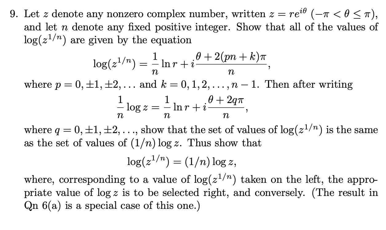 Solved = n > n n 9. Let z denote any nonzero complex number, | Chegg.com