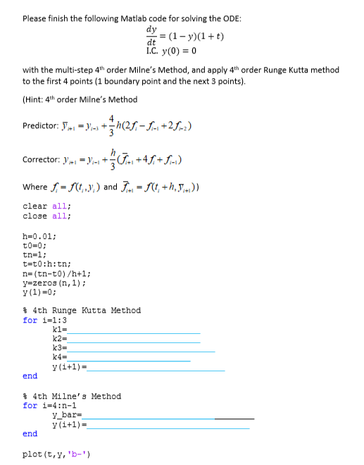 Solved Please finish the following Matlab code for solving | Chegg.com