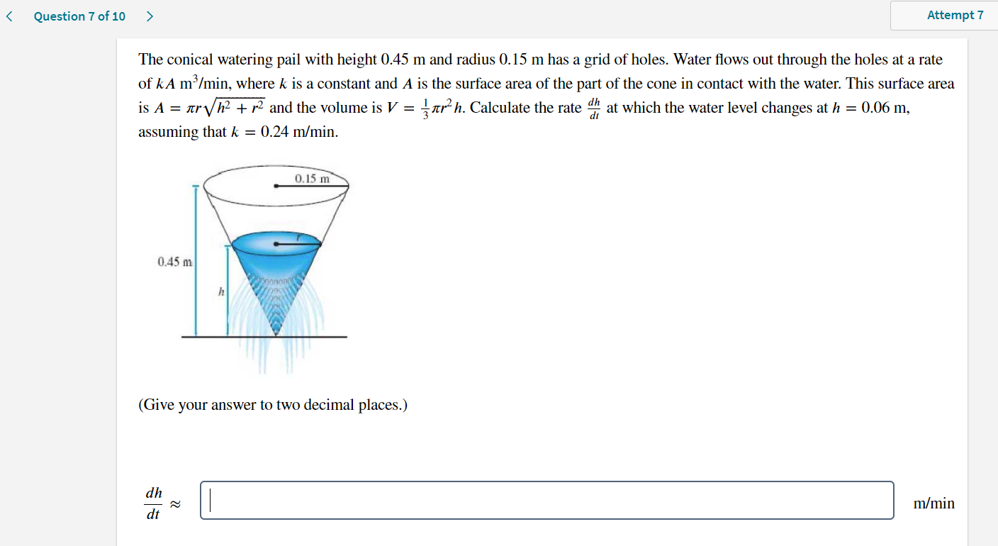 Solved The conical watering pail with height 0.45 m and | Chegg.com