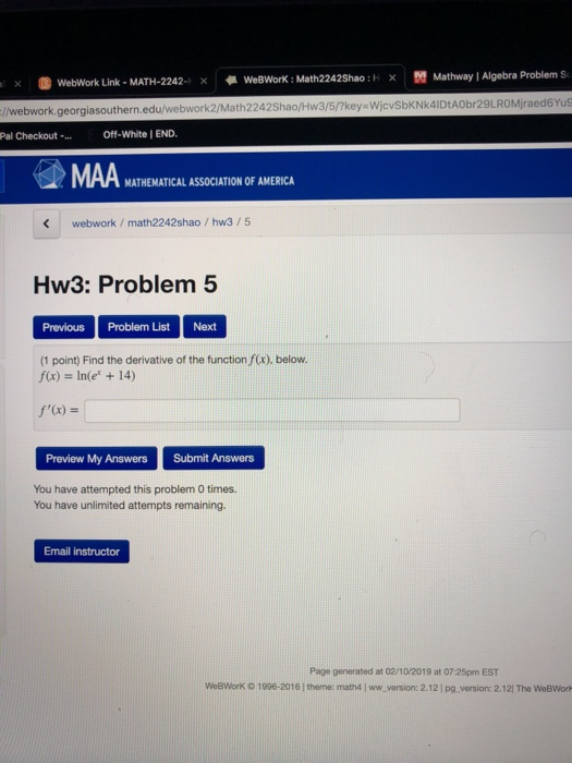 Solved XWebWork Link - MATH-2242- WeBWorK : Math2242Shao:H | Chegg.com