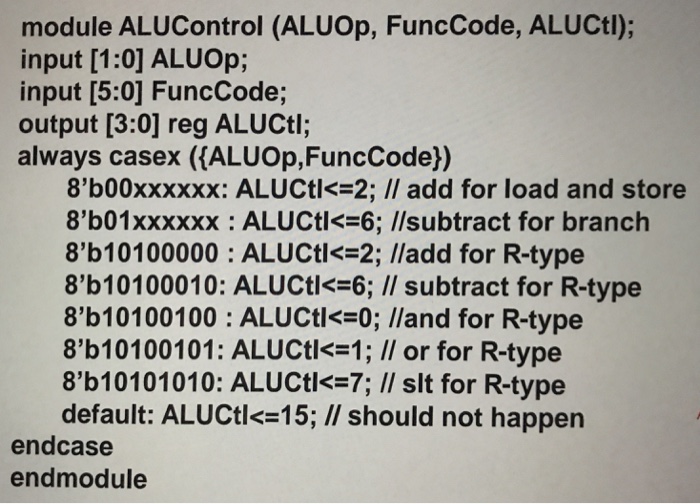 Solved module ALUControl (ALUOp, FuncCode, ALUCtl); input | Chegg.com