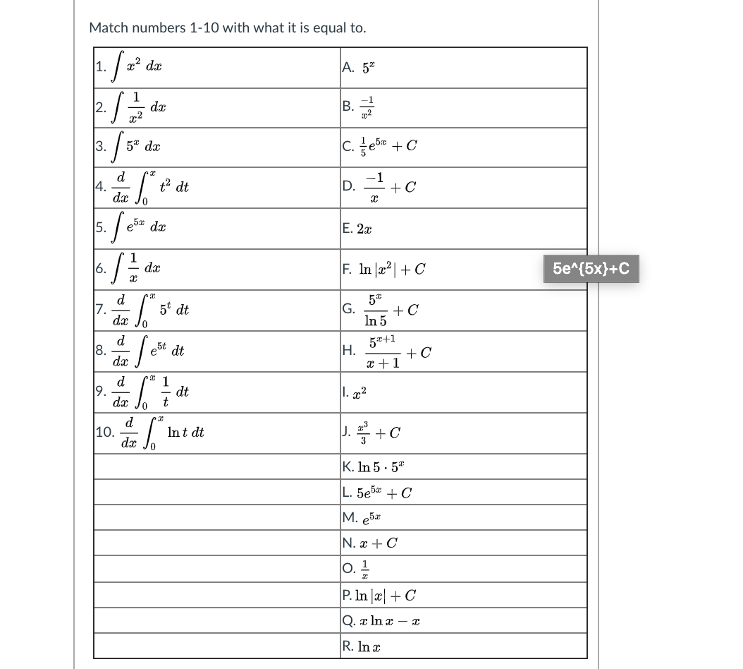 Solved Match numbers 1-10 with what it is equal to. A. 52 2. | Chegg.com