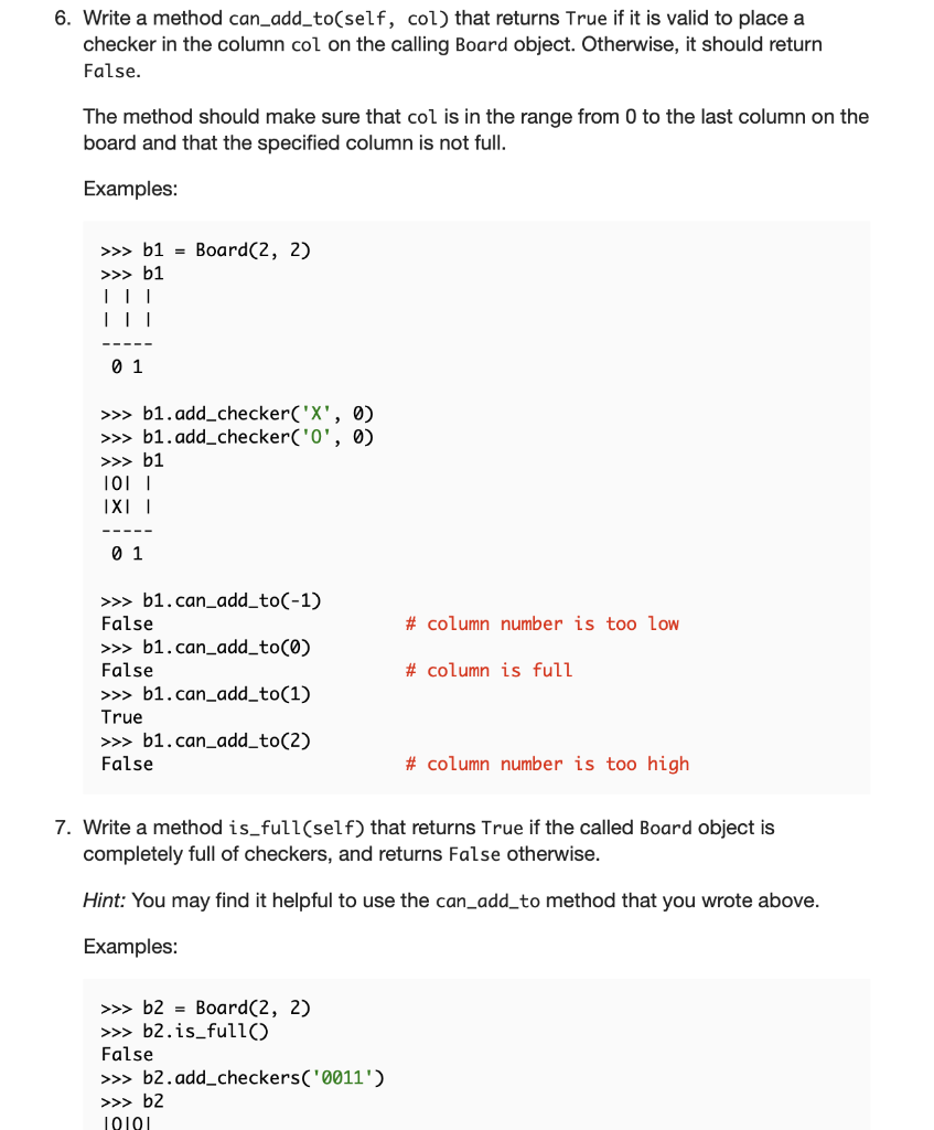 Solved 6. Write a method can_add_to(self, col) that returns | Chegg.com