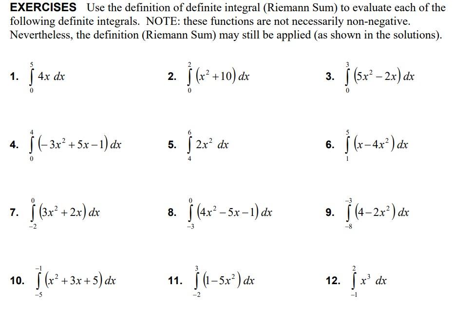 Solved EXERCISES Use the definition of definite integral | Chegg.com
