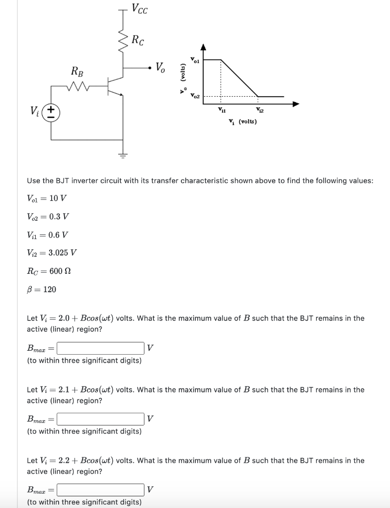 Solved Vcc Rc RB (volt) VA Vu V2 V (volts) Use the BJT | Chegg.com