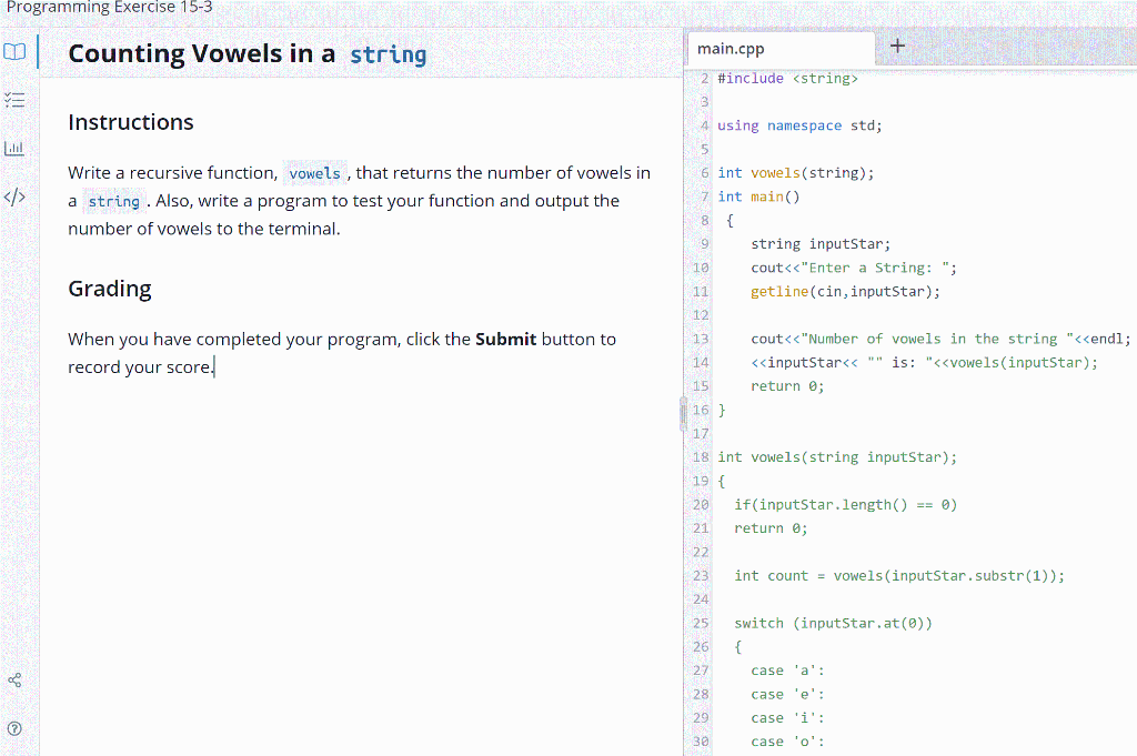 Solved Programming Exercise 15-3 m | Counting Vowels in a | Chegg.com