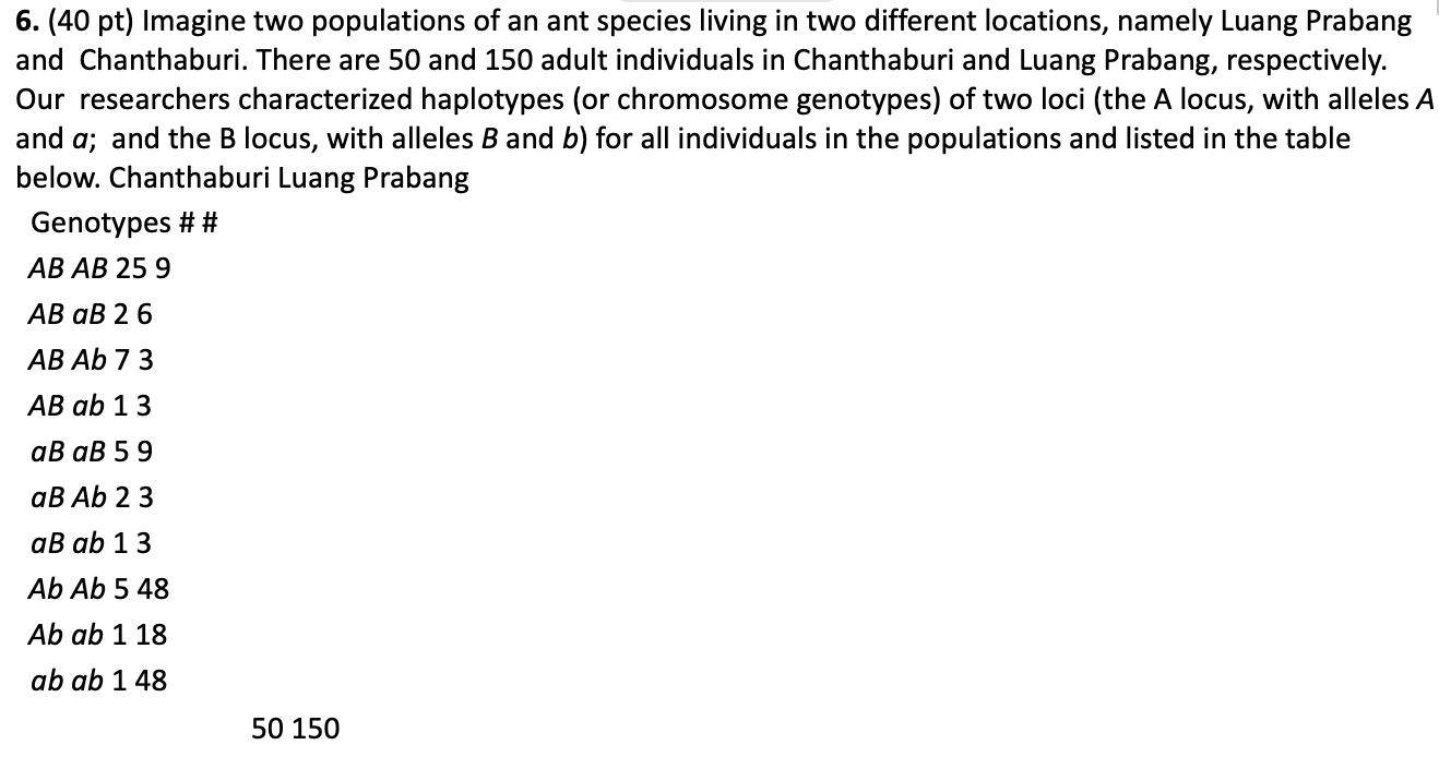 Solved 6. (40 pt) Imagine two populations of an ant species | Chegg.com